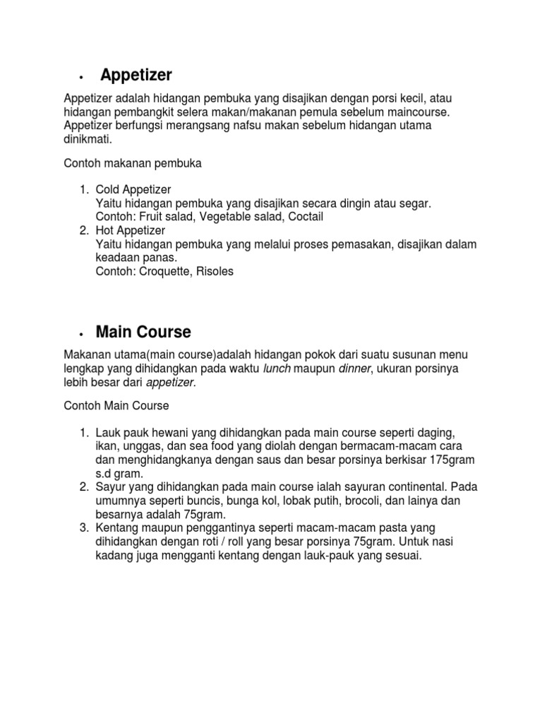 Jenis Hidangan: Appetizer, Main Course, Dessert | PDF | Memasak ...