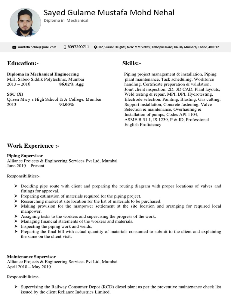 Piping Supervisor Resume and Skills | PDF | Pipe (Fluid Conveyance) | Pump