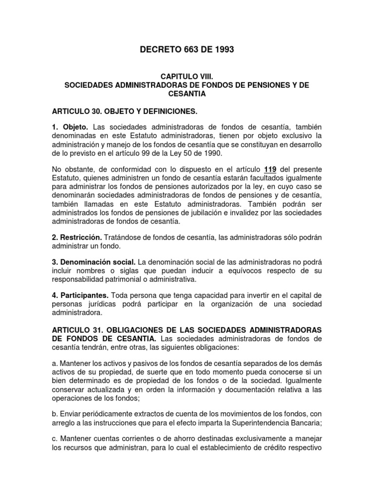DECRETO 663 DE 1993 - CAP. PENSIONES Y CESANTÍAS | PDF | Fondo de pensiones | Pensión