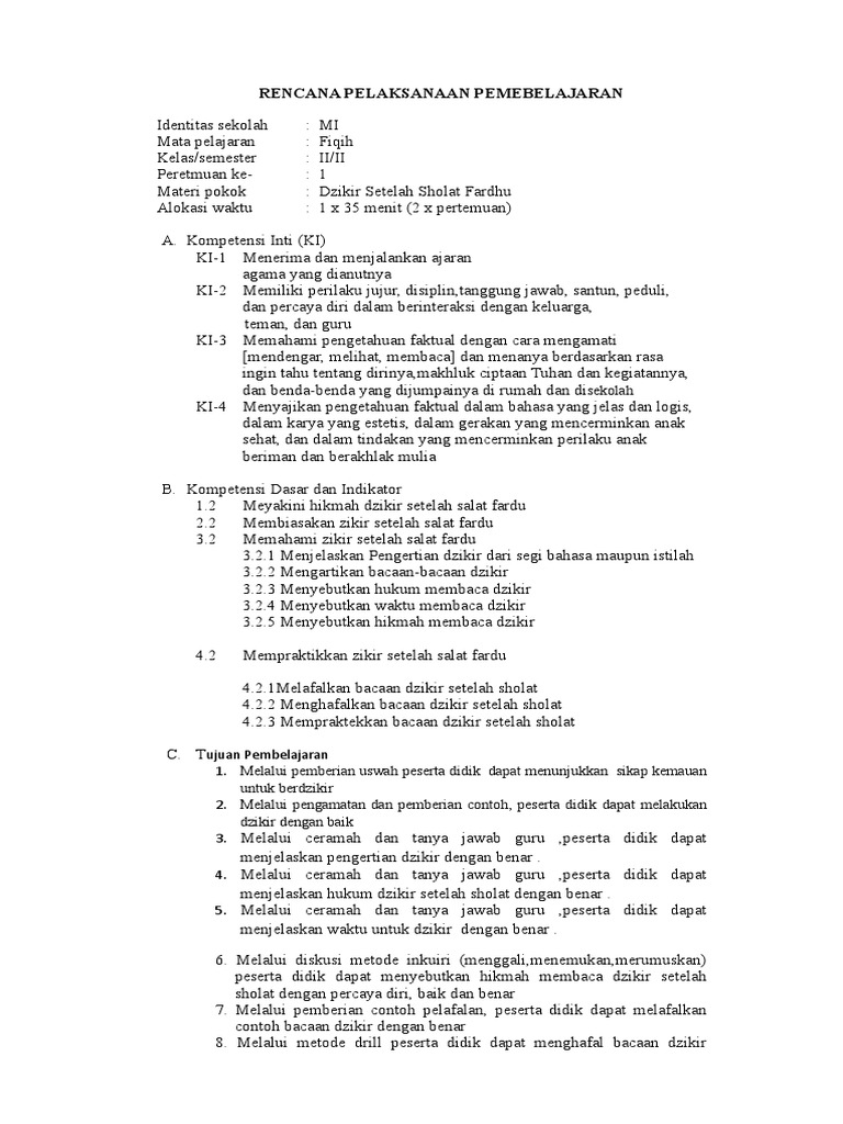 RPP K13 Fiqih MI Kelas 2 SMT 2 - Dzikir | PDF