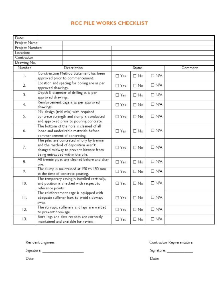 RCC Pile Works Checklist | PDF | Deep Foundation | Concrete