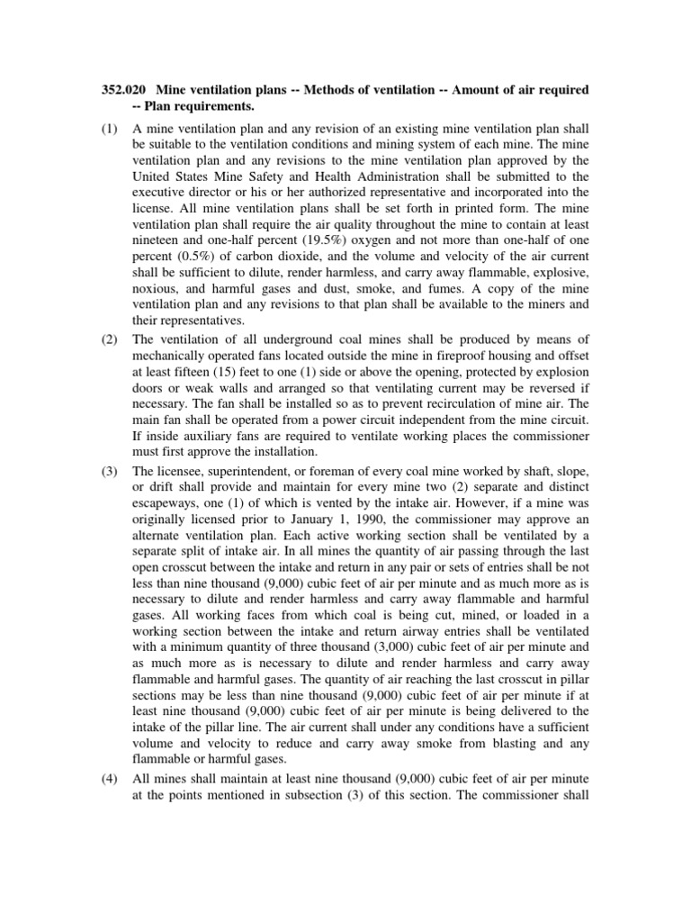 352.020 Mine Ventilation Plans - Methods of Ventilation - Amount of Air Required - Plan ...
