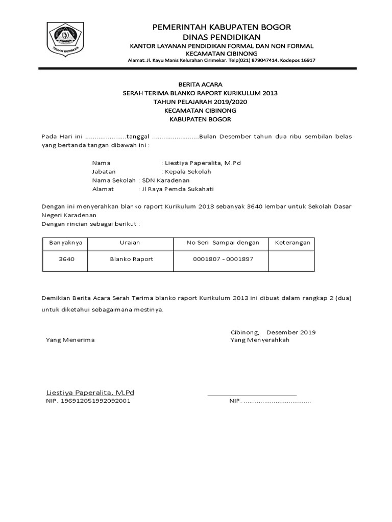 Berita Acara Penerimaan Blanko Raport | PDF