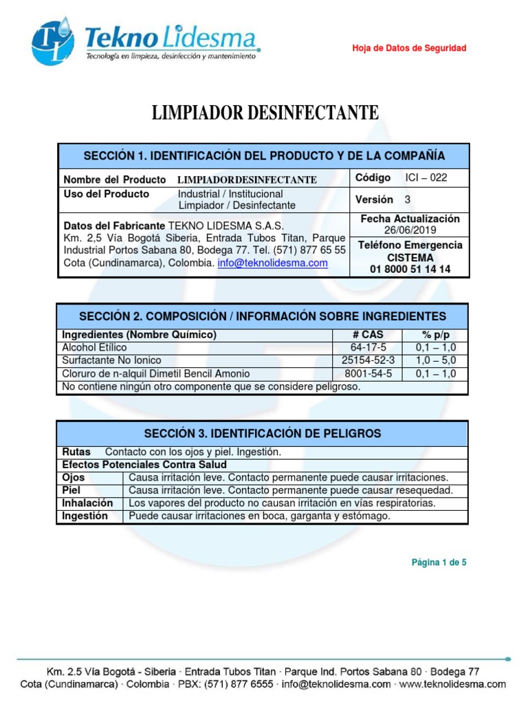 MSDS DEsinfectante | PDF | Agua | Sustancias químicas