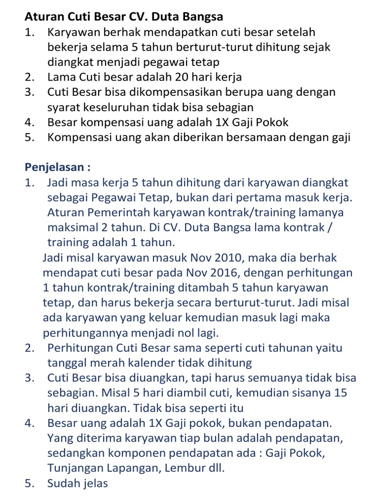 Aturan Cuti Besar di CV. Duta Bangsa | PDF | Pengelolaan Keuangan & Uang