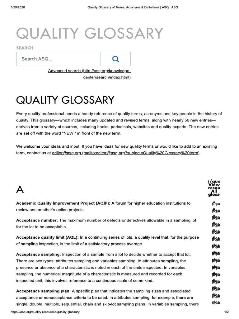 Quality Glossary of Terms, Acronyms & Definitions - ASQ - ASQ PDF | PDF