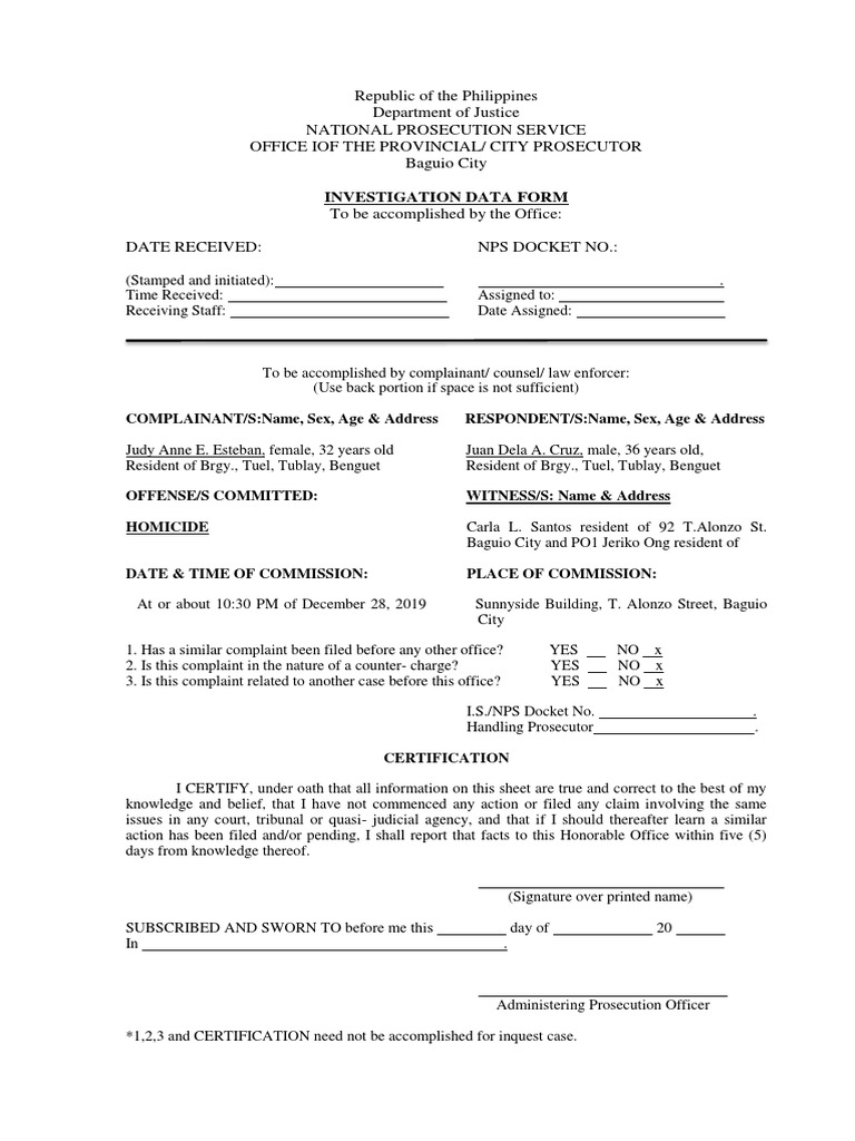 Investigation Data Form | PDF | Prosecutor | Complaint