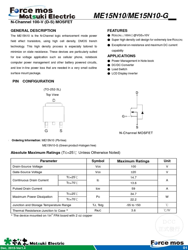 Me15n10 V1.4 - Spec | PDF | Field Effect Transistor | Mosfet