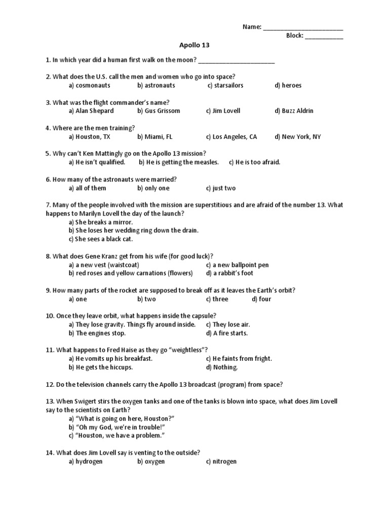 Apollo 13 Mission Worksheet | PDF | Apollo Program | Flight