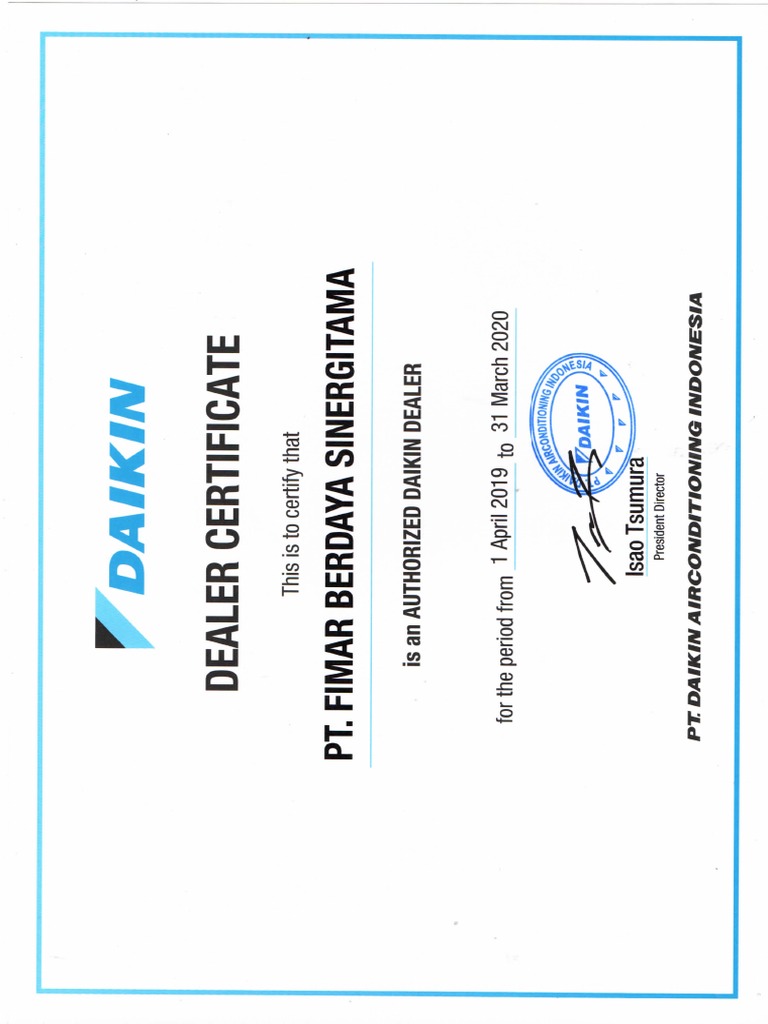 Sertifikat Authorized Dealer DAIKIN PDF | PDF