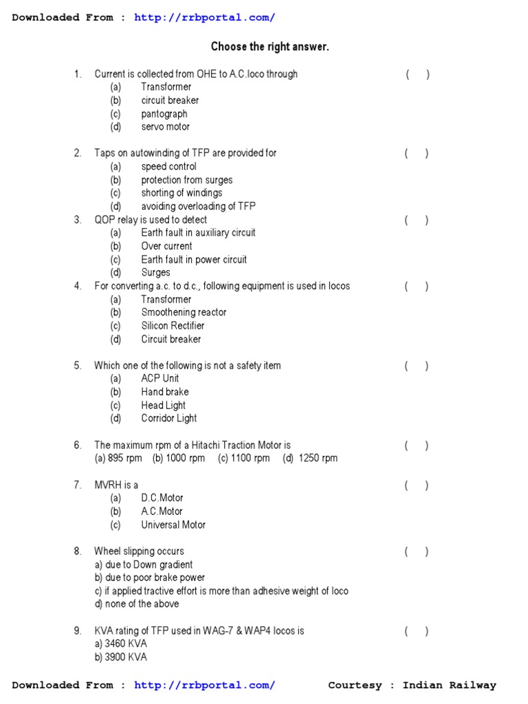 RRB Jobs Question Bank Junior Electrical Engineer Electrical Trs PDF | PDF | Locomotives | Relay