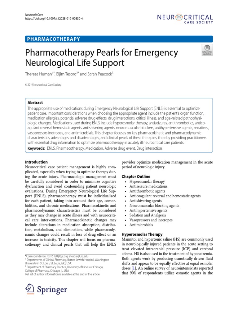 01 - Pharmacotherapy Pearls For Emergency Neurological Life Support PDF ...