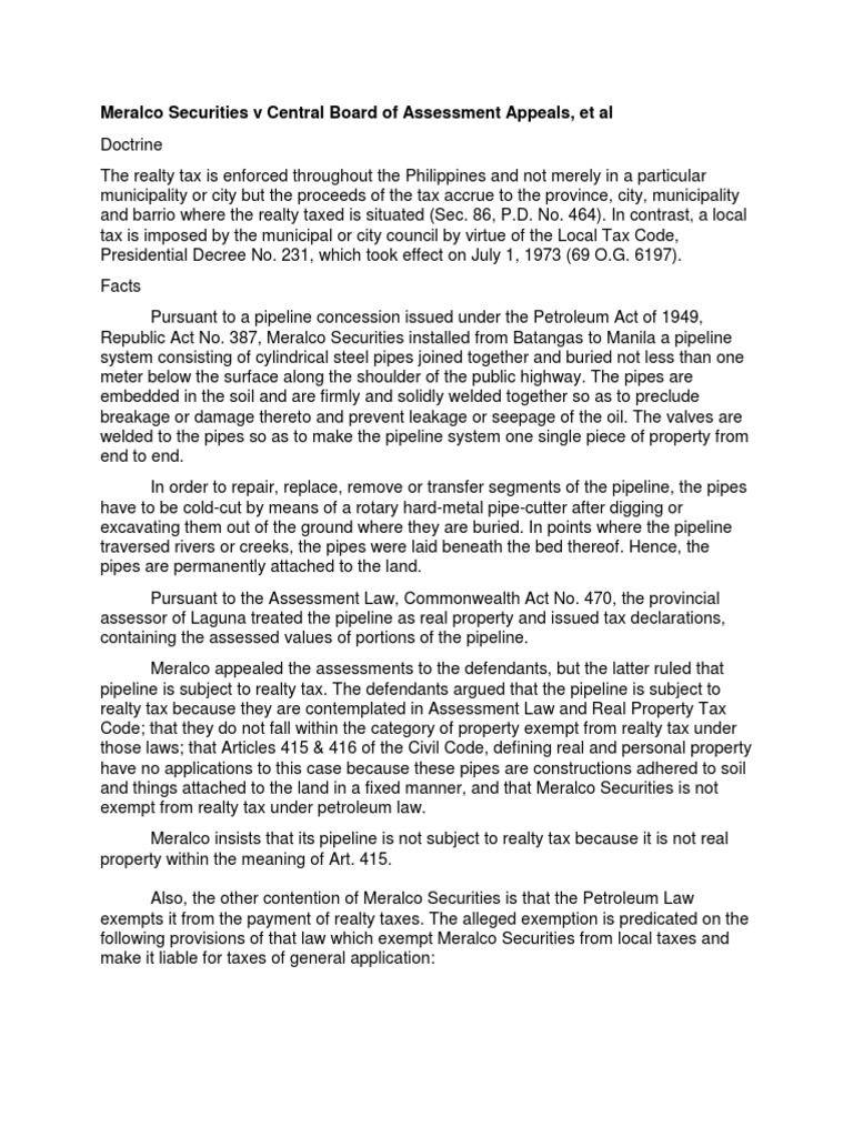 Meralco Securities V Central Board of Assessment Appeals | PDF | Real Property | Taxes