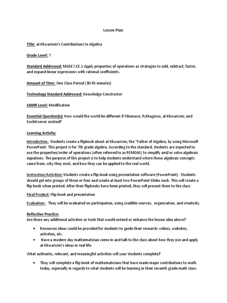 Itec 3200 Lesson Plan - 7th Grade Algebra | PDF | Algebra | Microsoft ...