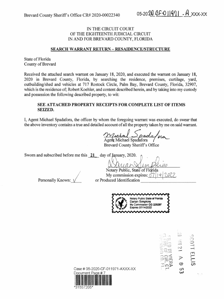 Search Warrant Return For Robert Koehler | PDF