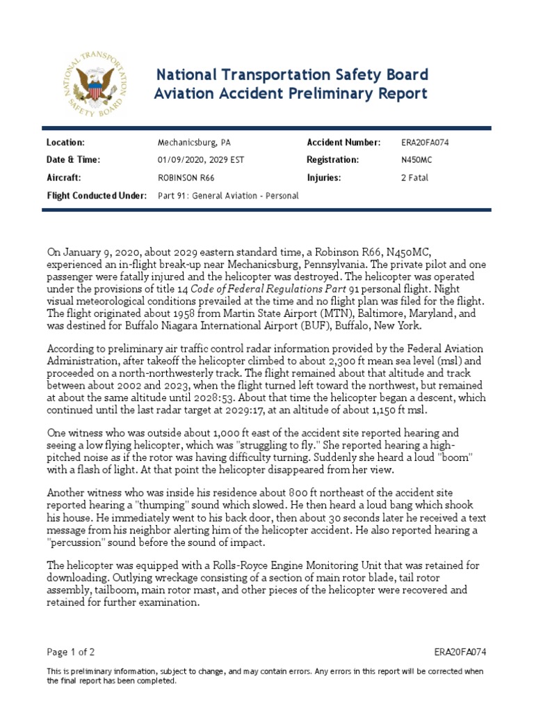 Croce Helicopter NTSB Preliminary | PDF | Helicopter | Flight