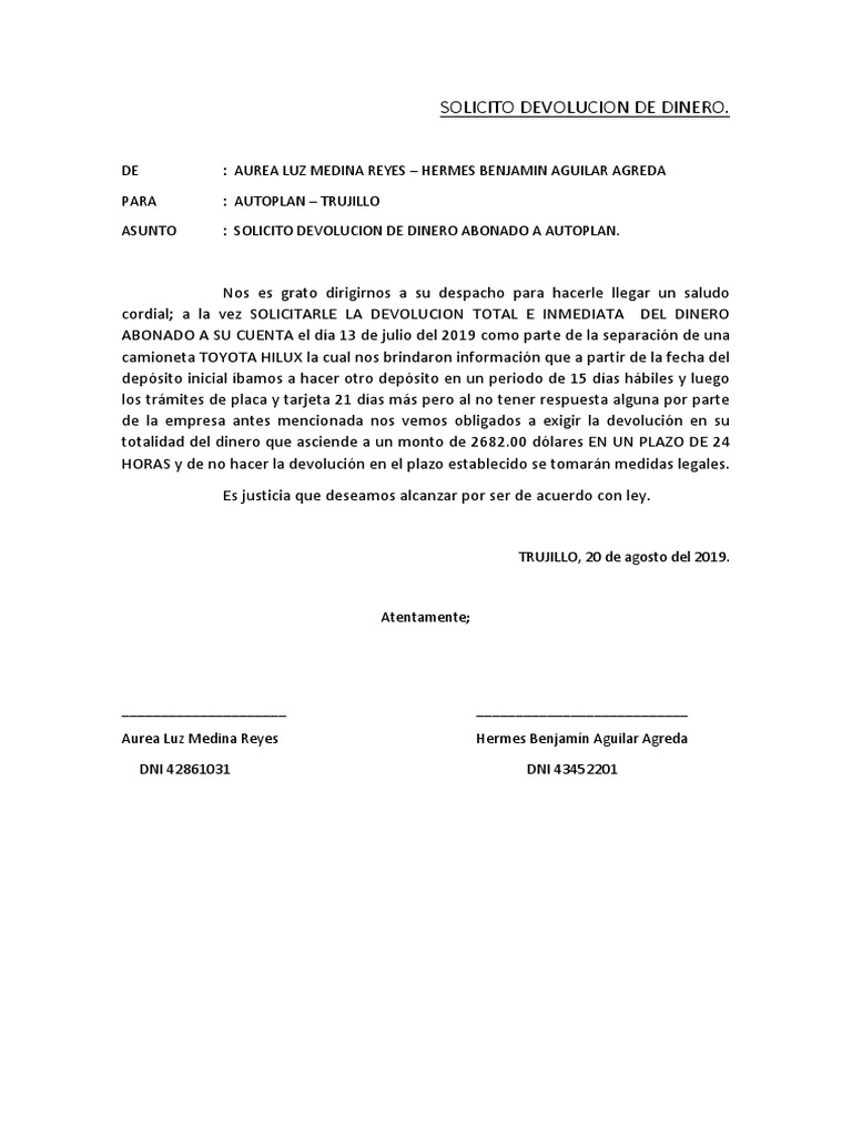 Solicito Devolucion de Dinero | PDF