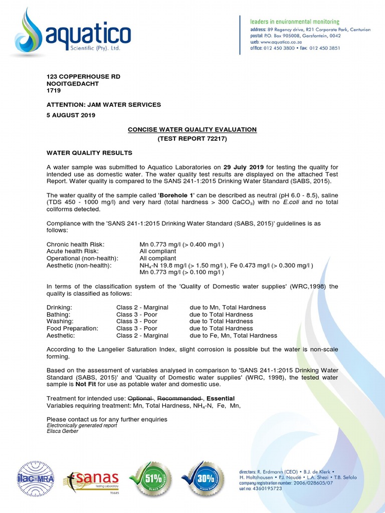 Aquatico Scientific (Pty) Ltd. Consolidated WQR PDF | PDF | Magnesium ...