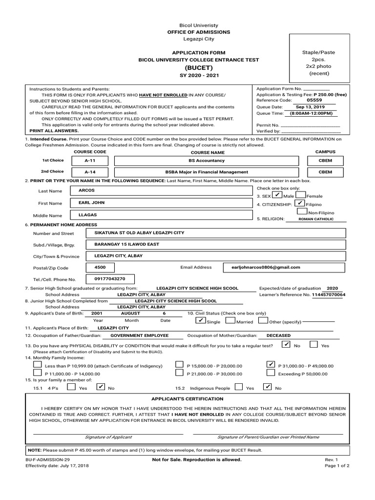 BUCET - Application Form | PDF