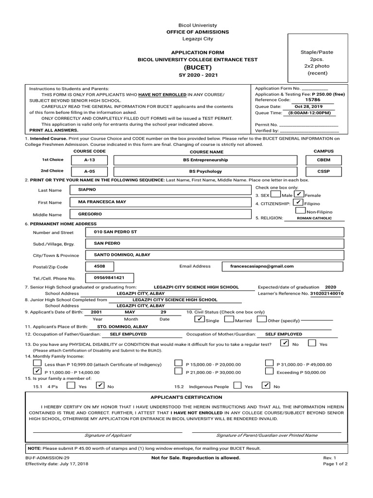BUCET - Application Form | PDF
