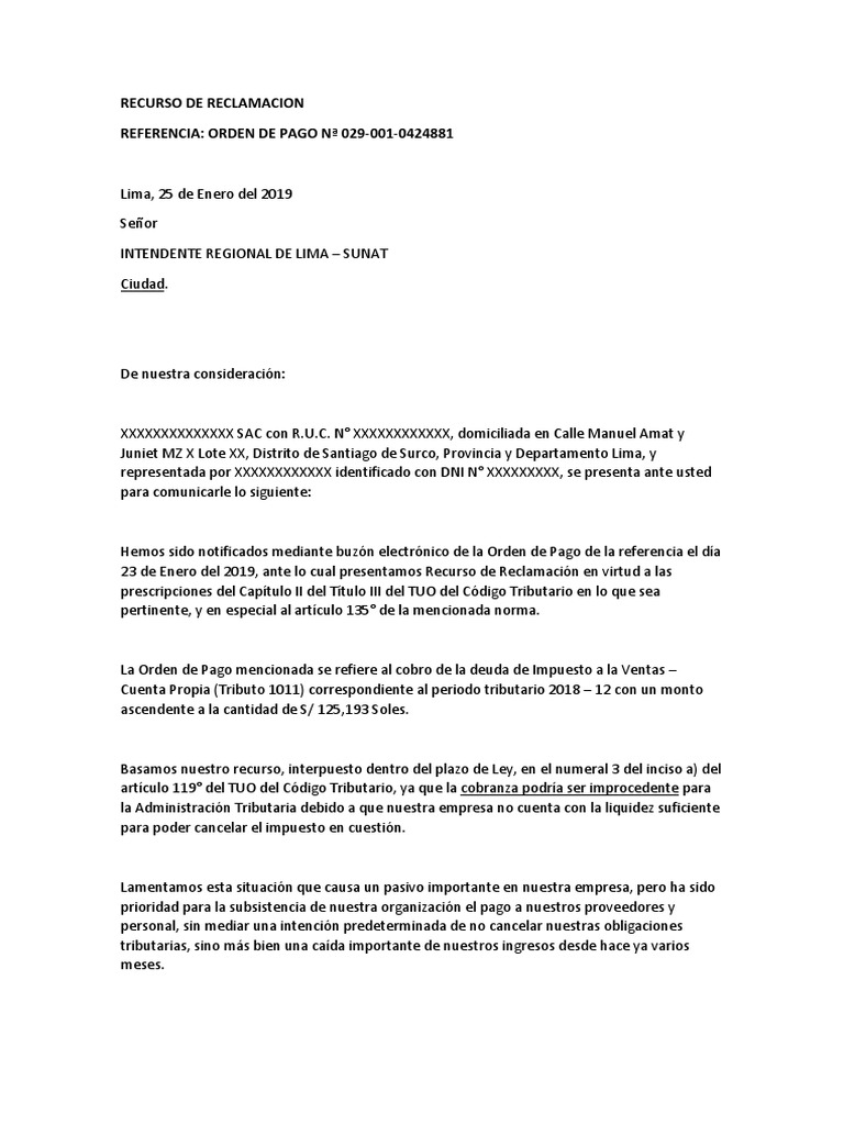 Modelo Recurso de Reclamacion Sunat | PDF
