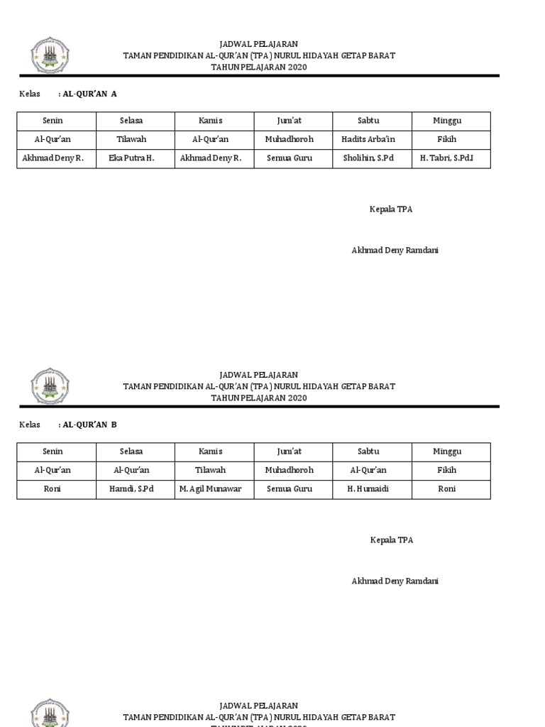 Jadwal Pelajaran TPQ 2020 | PDF