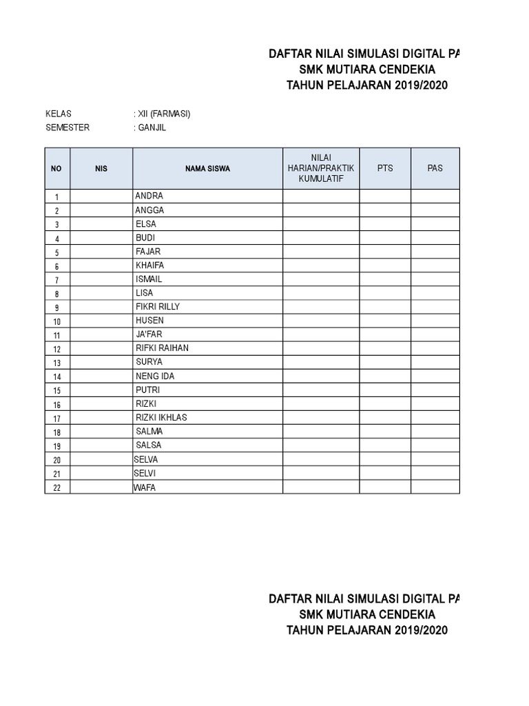Daftar Nilai PAI | PDF