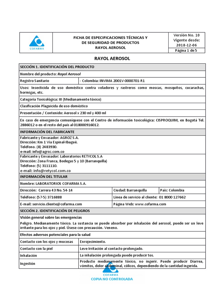 MSDS Rayol Aerosol V10 | PDF | Aerosol | Agua