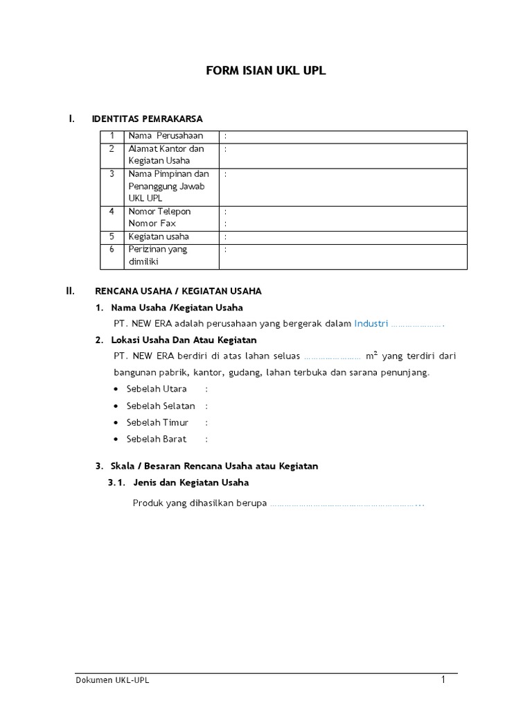 Form Isian UKL UPL Industri | PDF