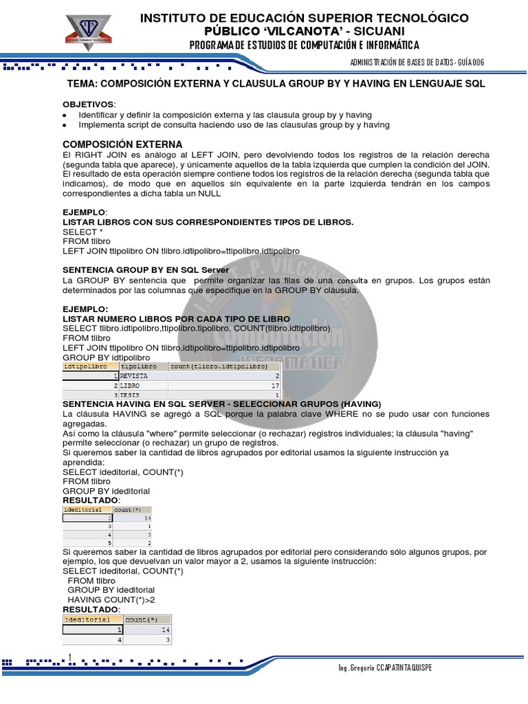 Guia 06 - Administracion de Bases de Datos - Clausula Group by y Having | PDF | SQL | Software