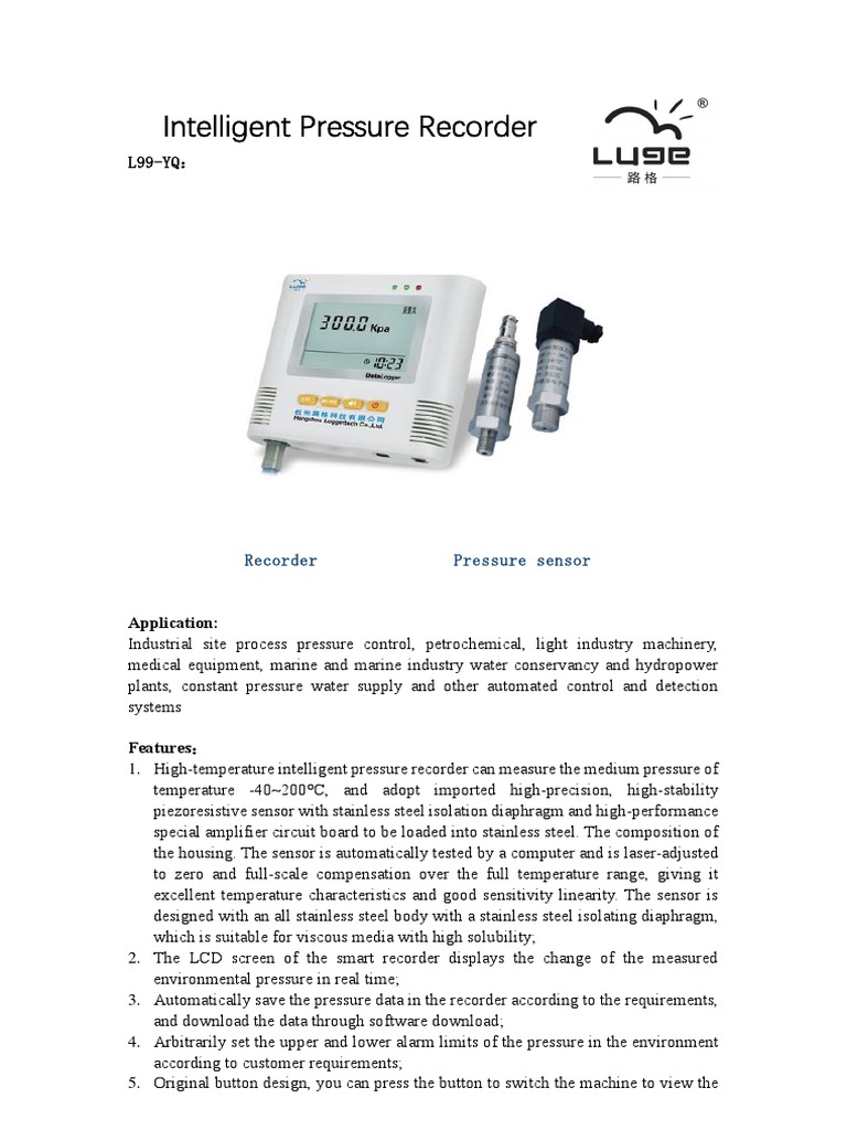 Intelligent Pressure Recorder L99-YQ Features | PDF | Sensor | Automation