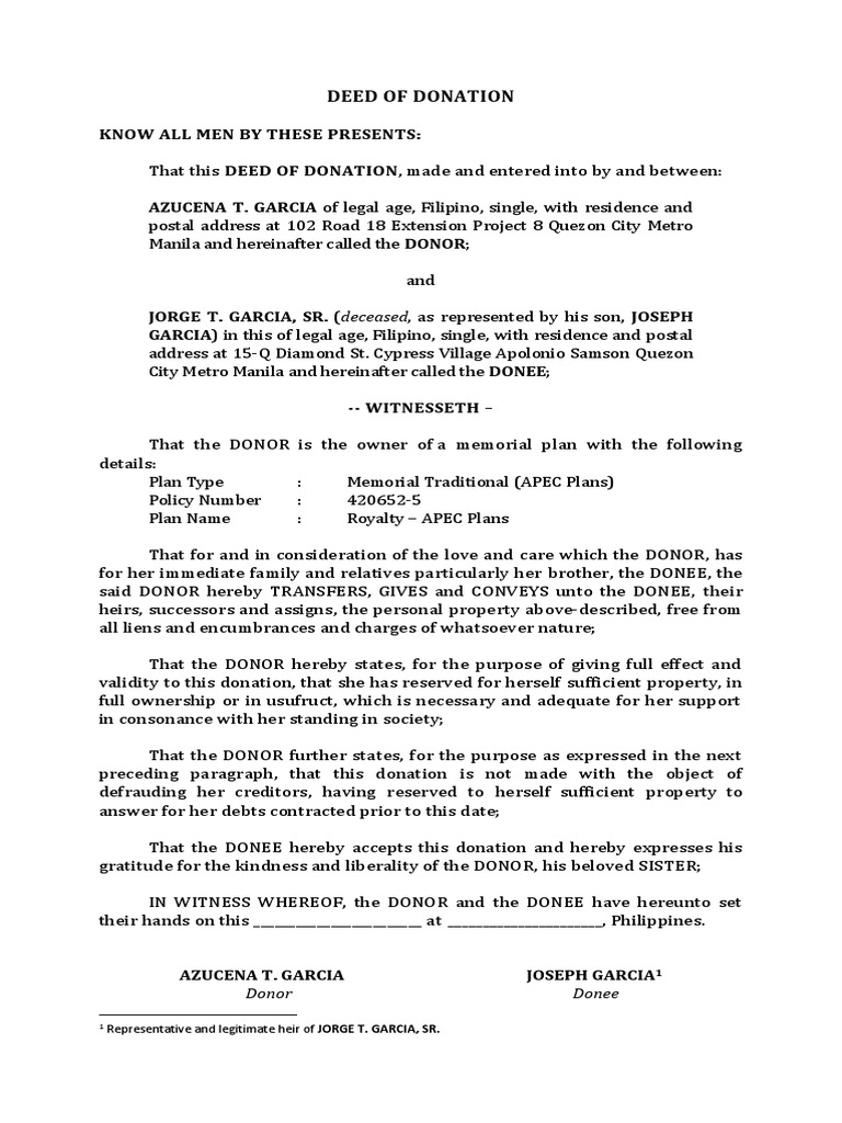 Transfer of Memorial Plan from Sister to Brother's Heir through Deed of ...
