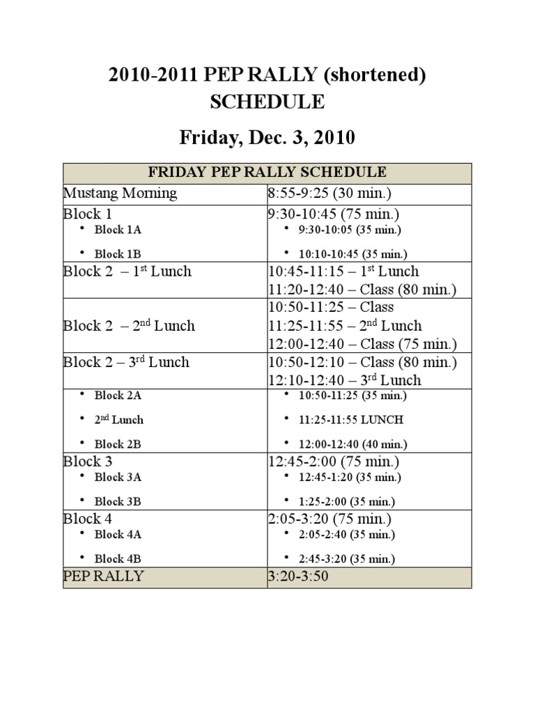 Temporary Pep Rally Schedule 2010 11 Shortened | PDF