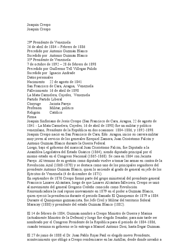 Biografía de Joaquín Crespo, Presidente Venezolano | PDF | Venezuela ...