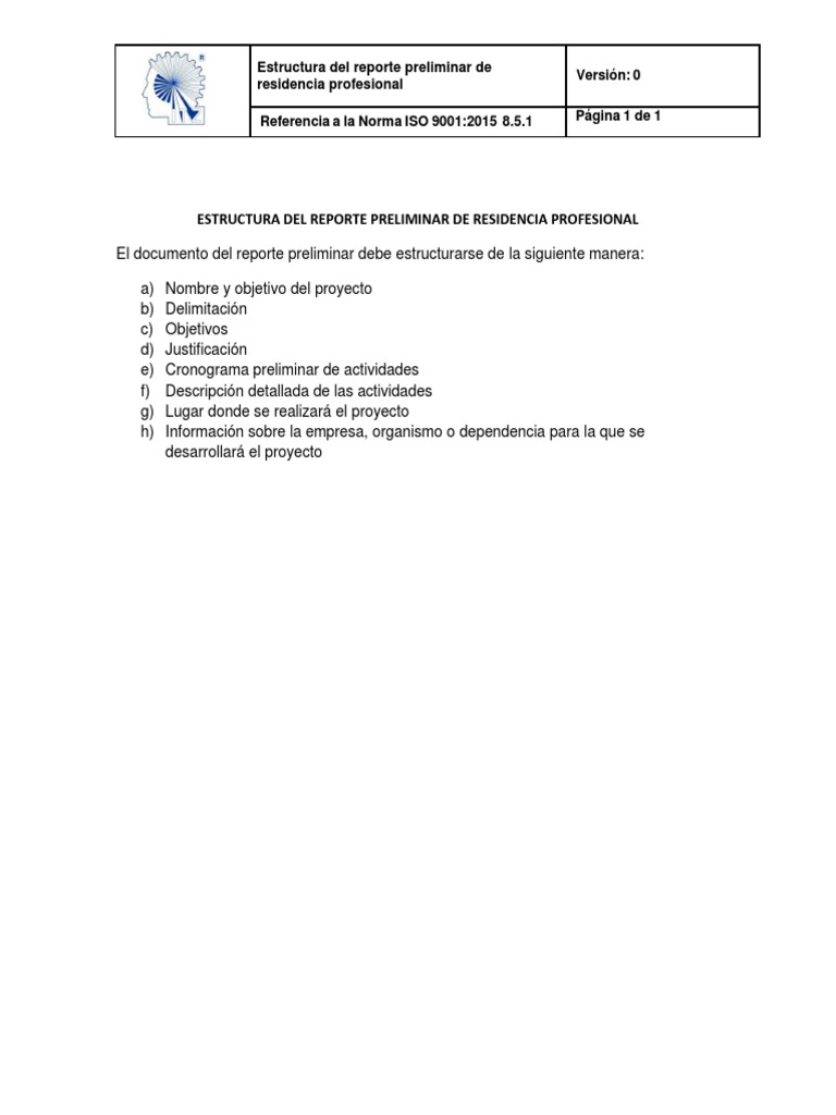Estructura Del Reporte Preliminar de Residencia Profesional | PDF