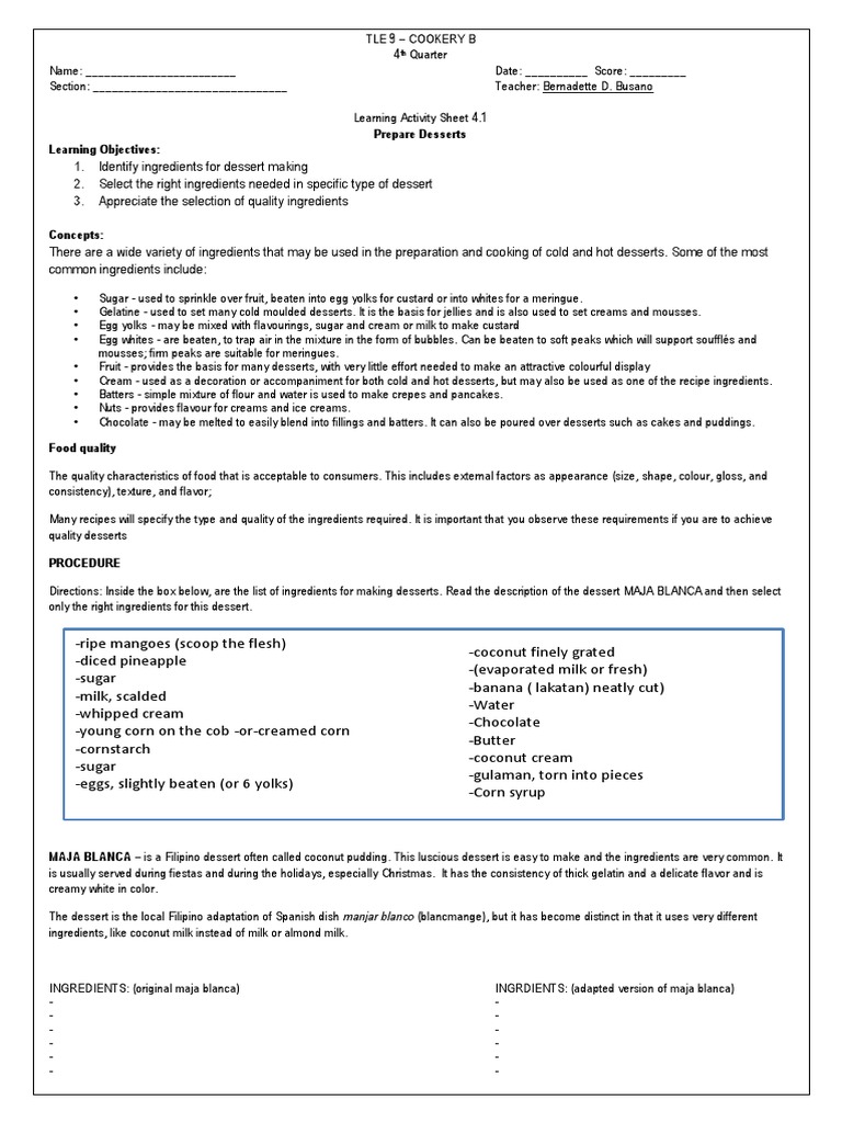 TLE 9 Learning Act Sheets Q4 | PDF | Sandwich | Desserts