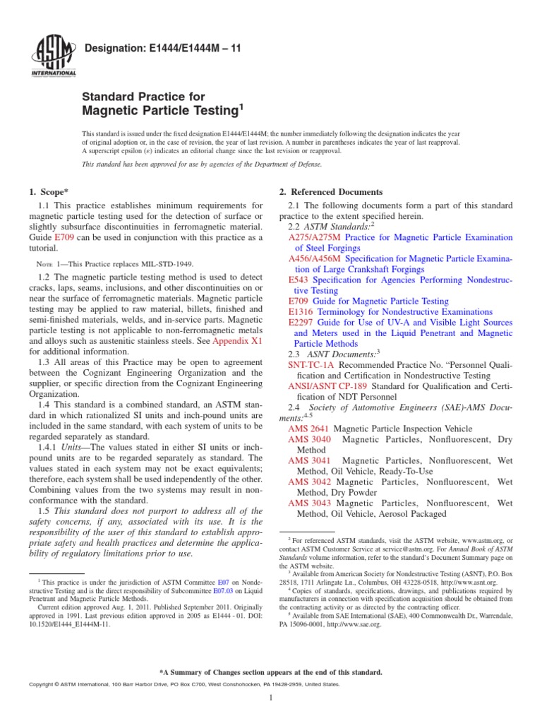 ASTM E 1444 - Standard Practice For Magnetic Particle Testing | PDF ...