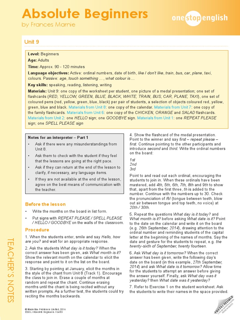 ESOL Absolute Beginners - Unit 9 | PDF | Question