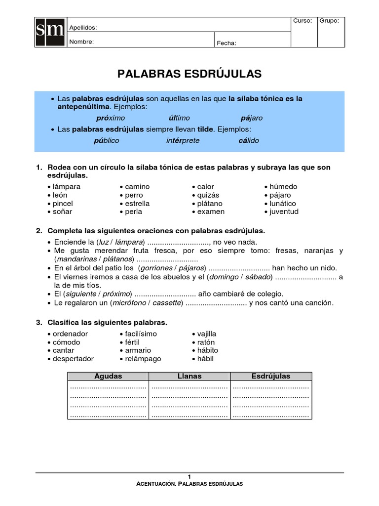 Ejercicios sobre palabras esdrújulas | PDF | Artes del Lenguaje y ...