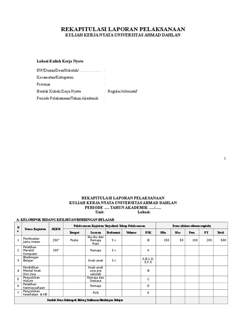 Form 4 Rekapitulasi Laporan Pelaksanaan KKN - BSW | PDF