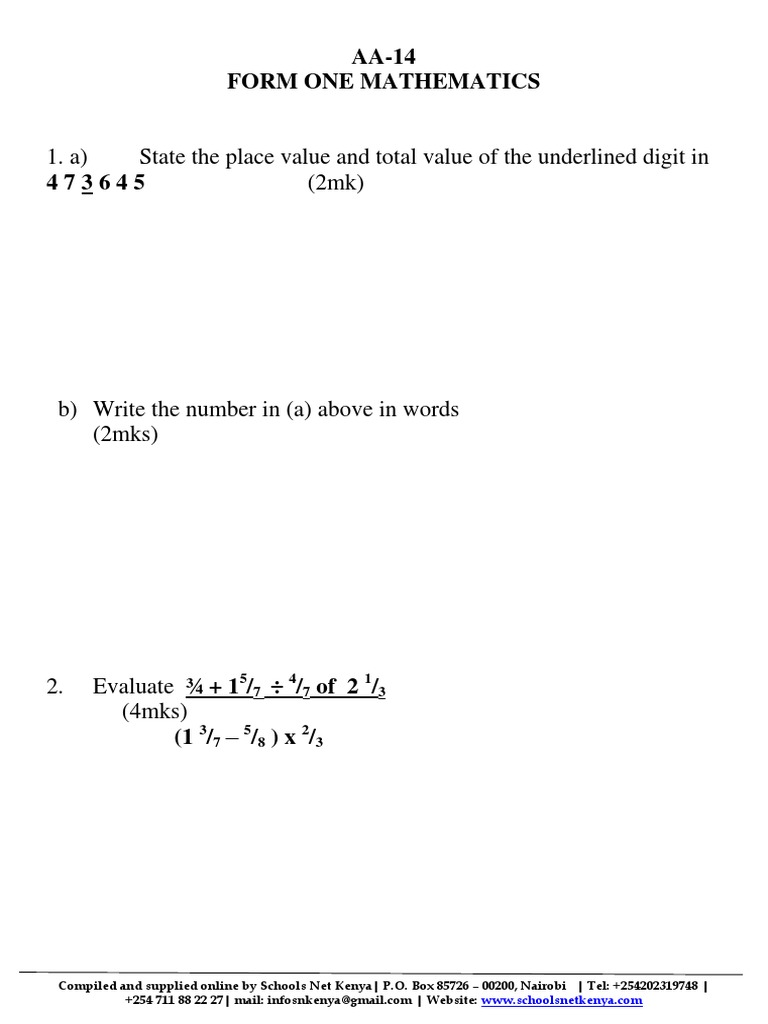 Mathematics Paper Form 1 Term 1 2018 SNK | PDF | Geometry | Elementary Mathematics