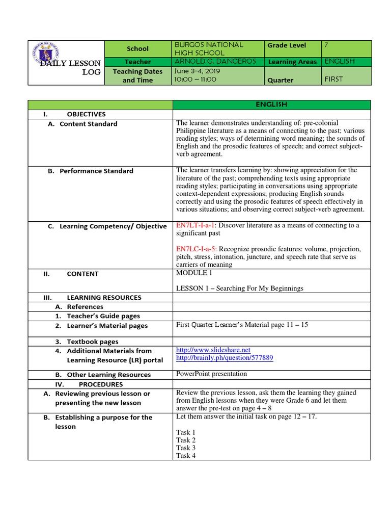 Grade 7 English Daily Lesson Plan | PDF | Pedagogy | Learning