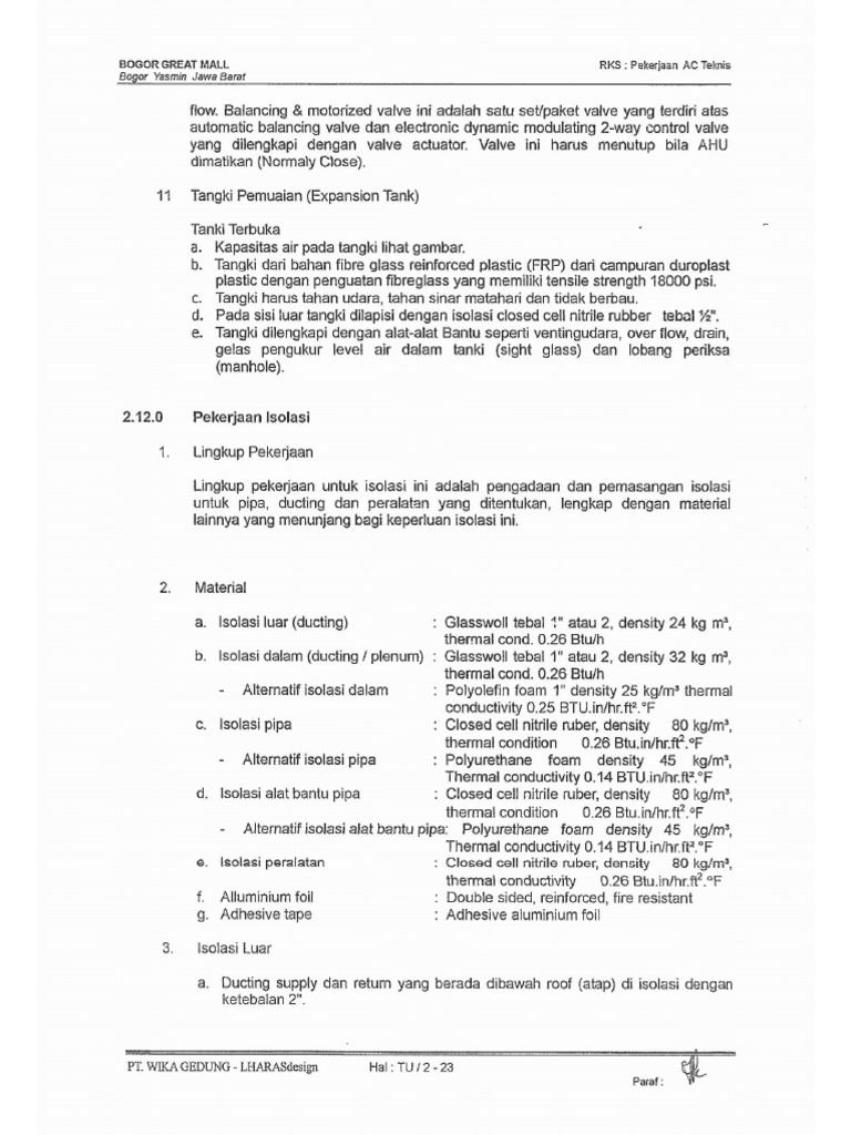 RKS Mep (Ketentuan Isolasi Pipa Chiller) Bogor Transmart | PDF