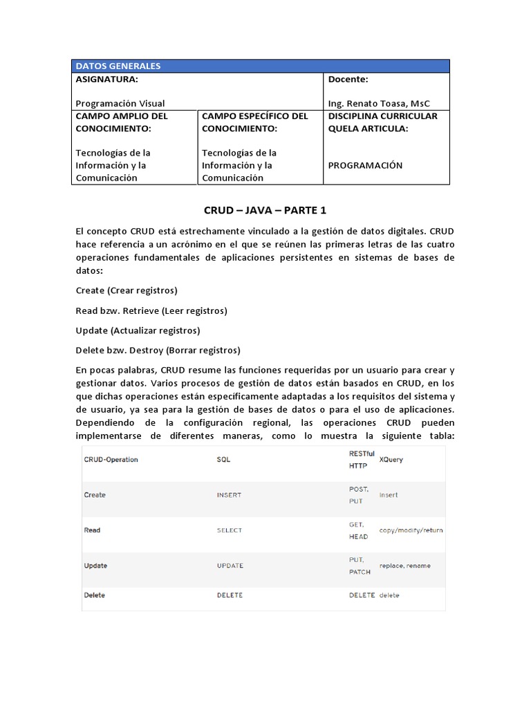 CRUD Java | PDF | Java (lenguaje de programación) | Bases de datos