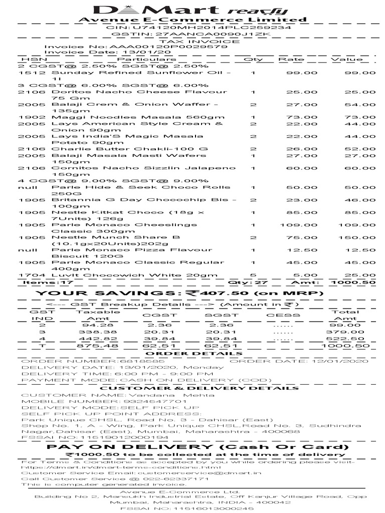 Invoice Dmart 6818585 | PDF | Payments | Taxes