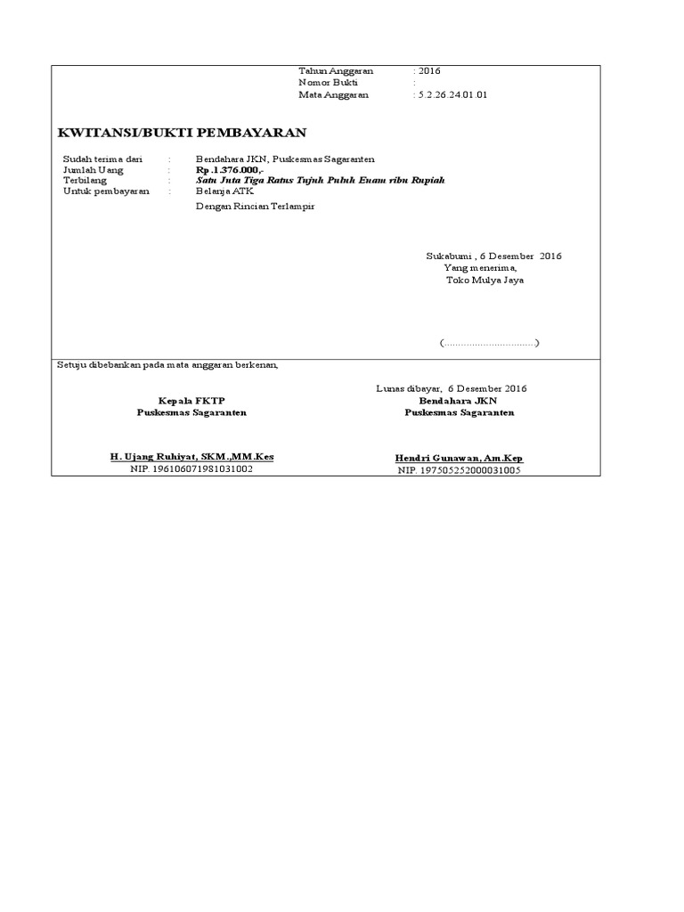 Kwitansi Atk Toko Mulya | PDF