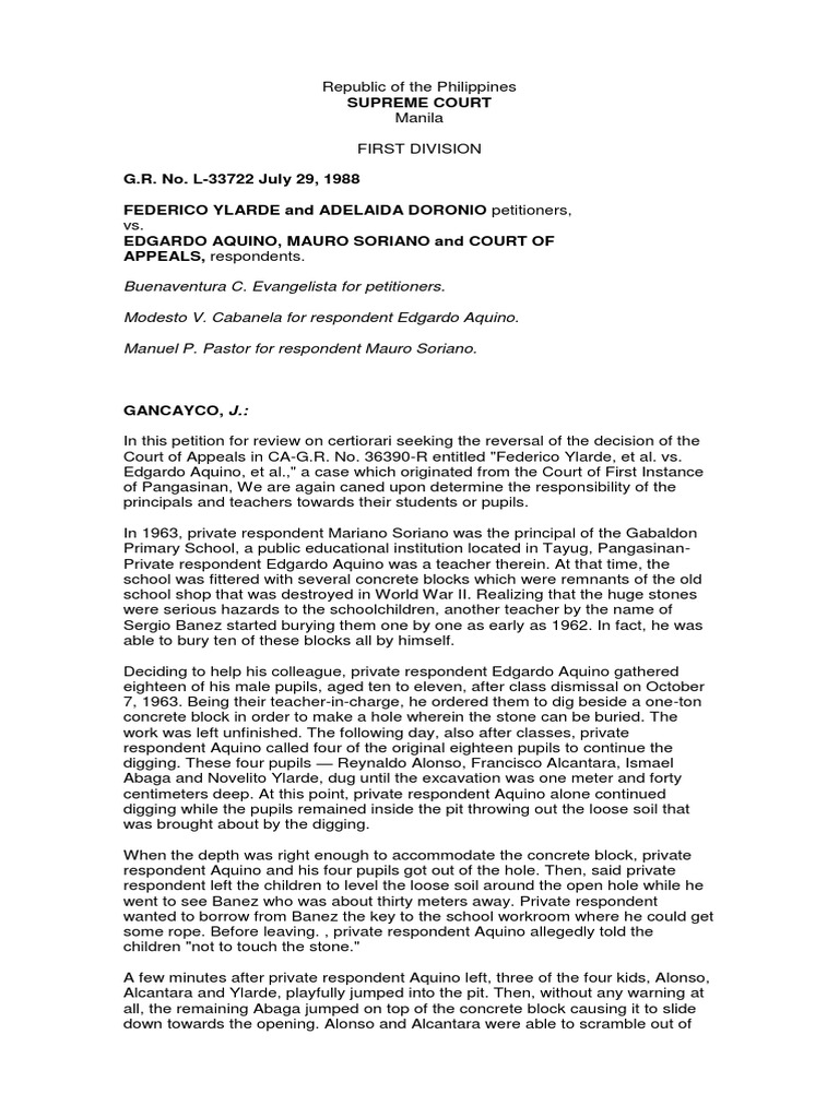 Ylarde VS Aquino, GR 33722, July 28, 1988 | PDF | Negligence | Legal ...