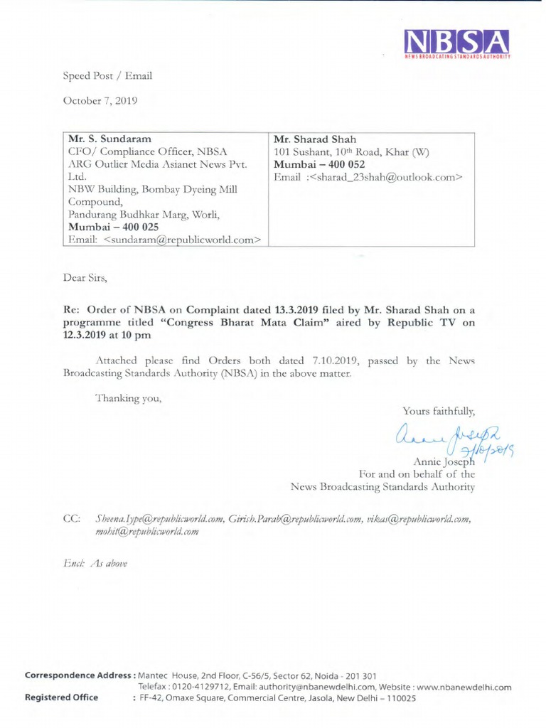 NBSA Order On Republic TV Programme | PDF