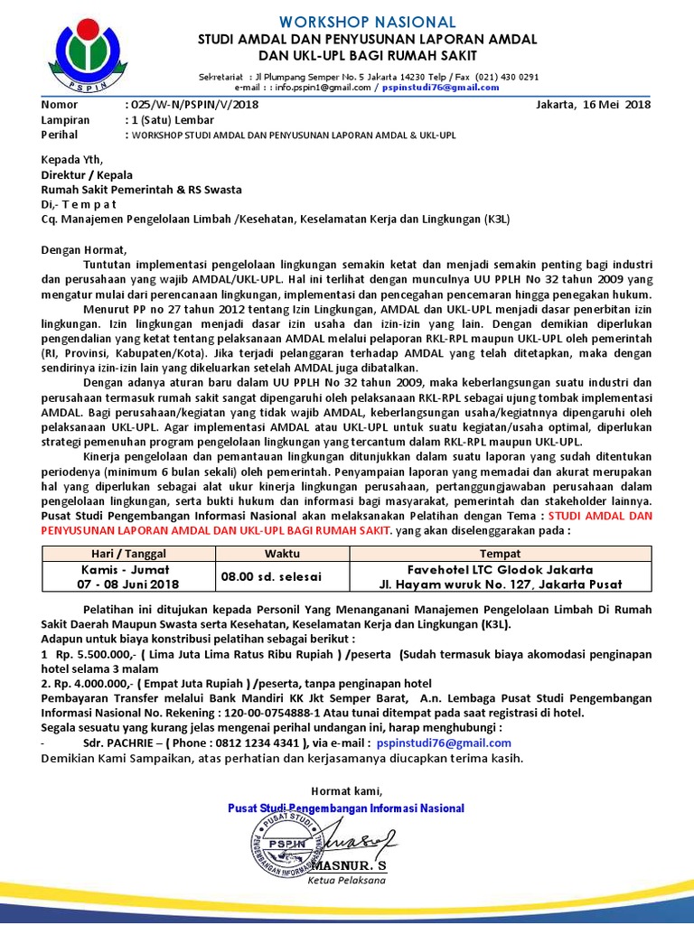 Workshop Studi Amdal Dan Penyusunan Laporan Amdal & Ukl-Upl Bagi Rumah Sakit | PDF | Bisnis