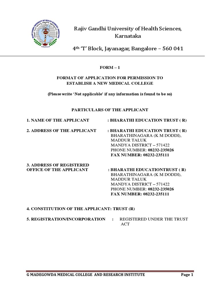 RGUHS Form for Permission to Establish New Medical College | PDF ...